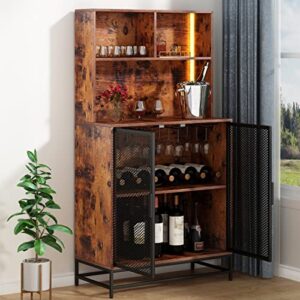 auromie wine bar cabinet with led lights, 4-tier coffee bar cabinets with storage shelves, industrial kitchen storage cabinet with wine rack, freestanding liquor cabinet with glass holder, rustic