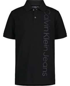 calvin klein boys' short sleeve micro pique graphic polo, ghost black, 14-16