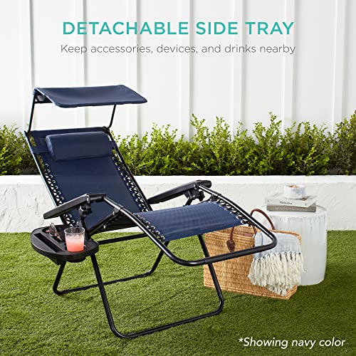 Best Choice Products Folding Zero Gravity Outdoor Recliner Patio Lounge Chair w/Adjustable Canopy Shade, Headrest, Side Accessory Tray, Textilene Mesh - Peacock Blue