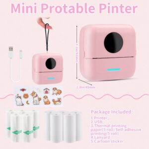 HuiJuKeJi Mini Sticker Printer Bluetooth Smart Pocket Inkless Thermal Printer with 10 Rolls Thermal Paper and Sticker for iOS&Android, Portable Receipt Printer for Photo Journal Notes Memo - Pink