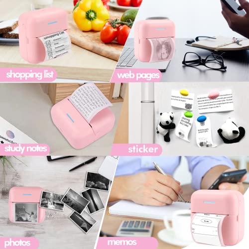 HuiJuKeJi Mini Sticker Printer Bluetooth Smart Pocket Inkless Thermal Printer with 10 Rolls Thermal Paper and Sticker for iOS&Android, Portable Receipt Printer for Photo Journal Notes Memo - Pink