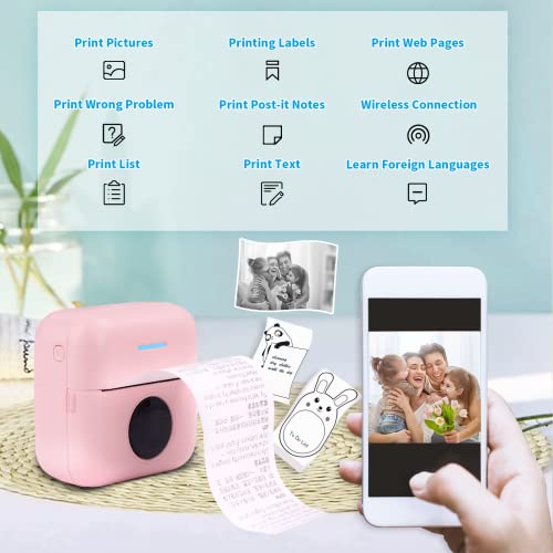 HuiJuKeJi Mini Sticker Printer Bluetooth Smart Pocket Inkless Thermal Printer with 10 Rolls Thermal Paper and Sticker for iOS&Android, Portable Receipt Printer for Photo Journal Notes Memo - Pink