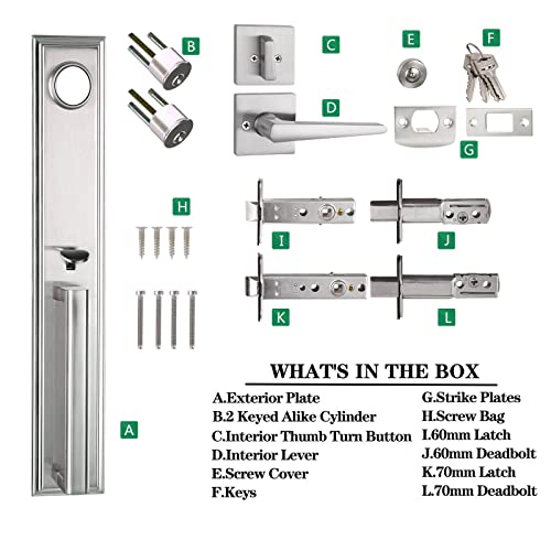 HISAFE Heavy Duty Front Door Handle Set, Satin Nickel Entry Door Lock Set, Right & Left Handed, 2 Keyed Alike Single Cylinder Deadbolt, 16.5'' Long Handleset, X-2011SNAMZ