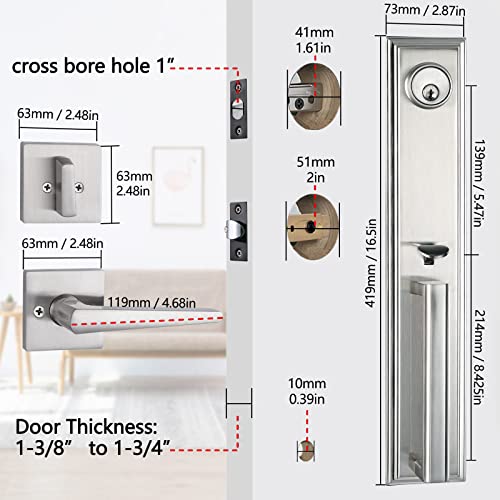 HISAFE Heavy Duty Front Door Handle Set, Satin Nickel Entry Door Lock Set, Right & Left Handed, 2 Keyed Alike Single Cylinder Deadbolt, 16.5'' Long Handleset, X-2011SNAMZ