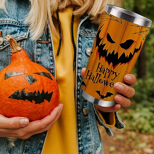 Zzkol Happy Halloween Jack O Lantern Tumbler with Lid and Straw, Pumpkin Bat Spider Web Stainless Steel Travel Coffee Cup, 20oz Funny Fall Autumn Double Wall Vacuum Insulated Mug Halloween Gifts