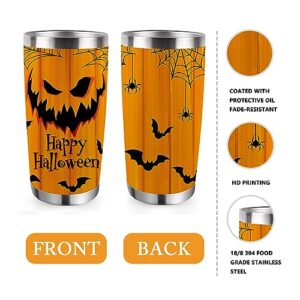 Zzkol Happy Halloween Jack O Lantern Tumbler with Lid and Straw, Pumpkin Bat Spider Web Stainless Steel Travel Coffee Cup, 20oz Funny Fall Autumn Double Wall Vacuum Insulated Mug Halloween Gifts