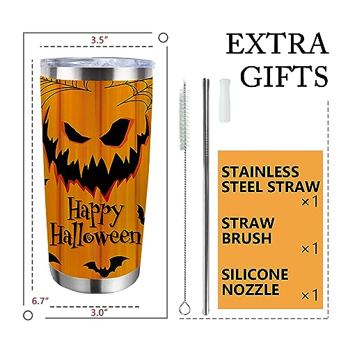 Zzkol Happy Halloween Jack O Lantern Tumbler with Lid and Straw, Pumpkin Bat Spider Web Stainless Steel Travel Coffee Cup, 20oz Funny Fall Autumn Double Wall Vacuum Insulated Mug Halloween Gifts