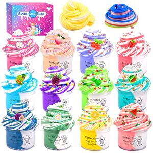 12 pack fruit butter slime kits for kids, with watermelon, lemon, peachybbies, strawberry, avocado and cherry charm,cute stuff for girls fragrant diy slime, stress relief toys for girls and boys.