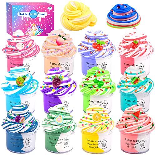 12 Pack Fruit Butter Slime Kits for Kids, with Watermelon, Lemon, Peachybbies, Strawberry, Avocado and Cherry Charm,Cute Stuff for Girls Fragrant DIY Slime, Stress Relief Toys for Girls and Boys.