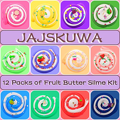 12 Pack Fruit Butter Slime Kits for Kids, with Watermelon, Lemon, Peachybbies, Strawberry, Avocado and Cherry Charm,Cute Stuff for Girls Fragrant DIY Slime, Stress Relief Toys for Girls and Boys.