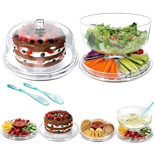 Masthome 6 in 1 Acrylic Cake Stand with Dome Lid (12") Extra Large Multifunctional Serving Platter and Cake Holder, Salad Bowl/Punch Bowl/Desert Platter/Chips & Dip/Cake Plate,BPA Free - Send 2 Spoons