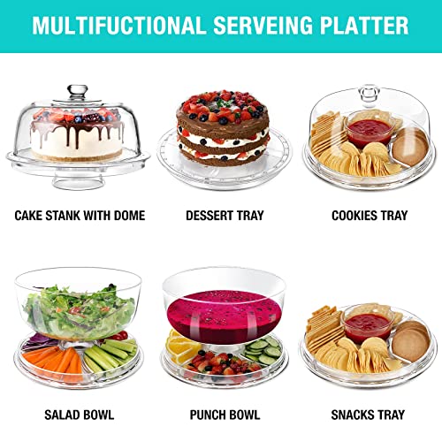 Masthome 6 in 1 Acrylic Cake Stand with Dome Lid (12") Extra Large Multifunctional Serving Platter and Cake Holder, Salad Bowl/Punch Bowl/Desert Platter/Chips & Dip/Cake Plate,BPA Free - Send 2 Spoons