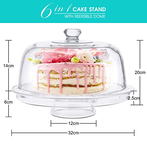 Masthome 6 in 1 Acrylic Cake Stand with Dome Lid (12") Extra Large Multifunctional Serving Platter and Cake Holder, Salad Bowl/Punch Bowl/Desert Platter/Chips & Dip/Cake Plate,BPA Free - Send 2 Spoons