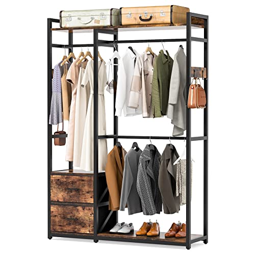 Tribesigns 86 inches Tall Freestanding Closet Organizer with Shelves and 2 Fabric Drawers, Heavy Duty Clothes Rack with 3 Hanging Rods, Garment Rack for Hanging Clothes,47.2" W x 15.7" Dx 86.6" H