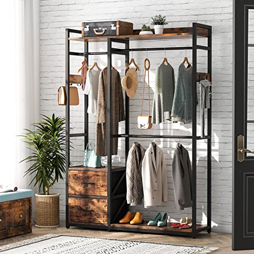 Tribesigns 86 inches Tall Freestanding Closet Organizer with Shelves and 2 Fabric Drawers, Heavy Duty Clothes Rack with 3 Hanging Rods, Garment Rack for Hanging Clothes,47.2" W x 15.7" Dx 86.6" H