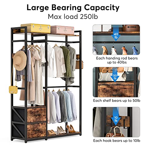 Tribesigns 86 inches Tall Freestanding Closet Organizer with Shelves and 2 Fabric Drawers, Heavy Duty Clothes Rack with 3 Hanging Rods, Garment Rack for Hanging Clothes,47.2" W x 15.7" Dx 86.6" H