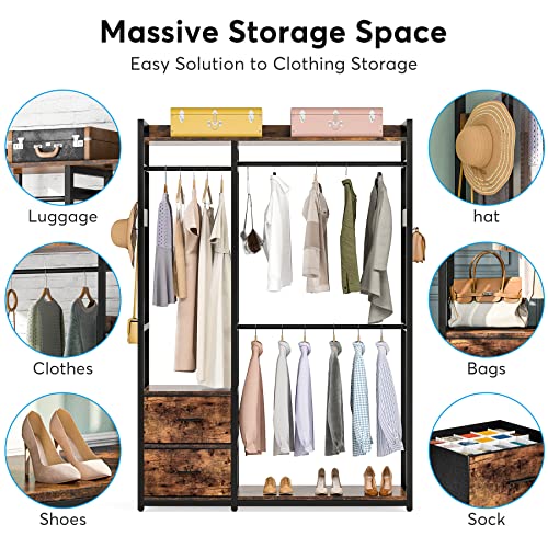 Tribesigns 86 inches Tall Freestanding Closet Organizer with Shelves and 2 Fabric Drawers, Heavy Duty Clothes Rack with 3 Hanging Rods, Garment Rack for Hanging Clothes,47.2" W x 15.7" Dx 86.6" H