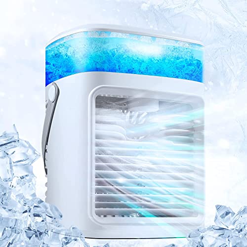 Mini Air Conditioner, Rechargeable 3 Speeds 450ML Water Tank Room Evaporative Air Cooler with Timer, Aromatherapy Notch, Spray Function, Personal Air Conditioner for Bedroom, Office, Desk