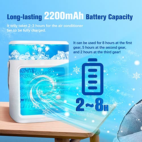 Mini Air Conditioner, Rechargeable 3 Speeds 450ML Water Tank Room Evaporative Air Cooler with Timer, Aromatherapy Notch, Spray Function, Personal Air Conditioner for Bedroom, Office, Desk