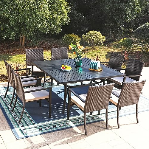 Sophia & William 9 Pieces Patio Dining Set for 8, Outdoor Dining Furniture with 1 X-large E-coating Square Metal Table and 8 Rattan Chairs with Cushions, Outdoor Table & Chairs for Deck Porch Backyard