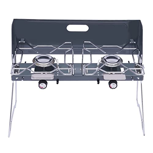 Gas Camping Stove, 20,000 BTU Portable 2 Burner Stovetop, Stainless Steel Gas Cooker with Foldable Floor Stand for Camping and Outdoor Paito RV Cooking