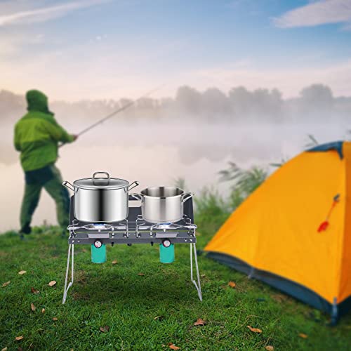 Gas Camping Stove, 20,000 BTU Portable 2 Burner Stovetop, Stainless Steel Gas Cooker with Foldable Floor Stand for Camping and Outdoor Paito RV Cooking