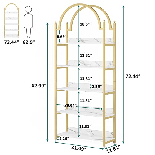 Tribesigns 5-Shelf Gold Etagere Bookcase, Modern Metal Open Arched Bookshelf, 72 Inches Tall Gold Shelves for Living Room, Bedroom(1, White+Gold)