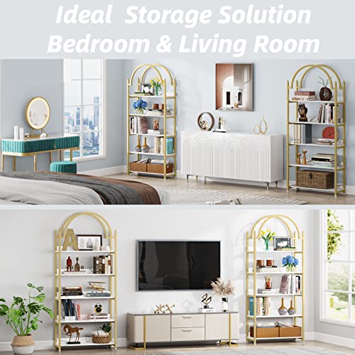 Tribesigns 5-Shelf Gold Etagere Bookcase, Modern Metal Open Arched Bookshelf, 72 Inches Tall Gold Shelves for Living Room, Bedroom(1, White+Gold)