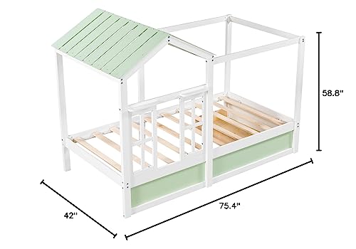 Merax Kid Wood House Bed with Roof, Window and Drawer, Wood Platform Bed for Boys Girls,No Box Spring Needed,Easy Assemble (Twin,Green)