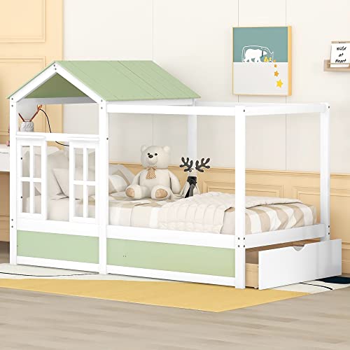 Merax Kid Wood House Bed with Roof, Window and Drawer, Wood Platform Bed for Boys Girls,No Box Spring Needed,Easy Assemble (Twin,Green)