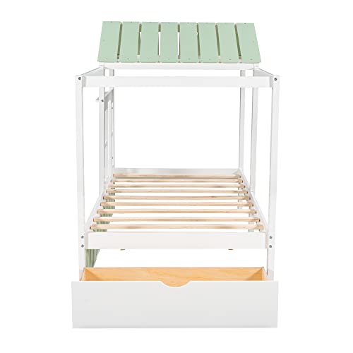 Merax Kid Wood House Bed with Roof, Window and Drawer, Wood Platform Bed for Boys Girls,No Box Spring Needed,Easy Assemble (Twin,Green)