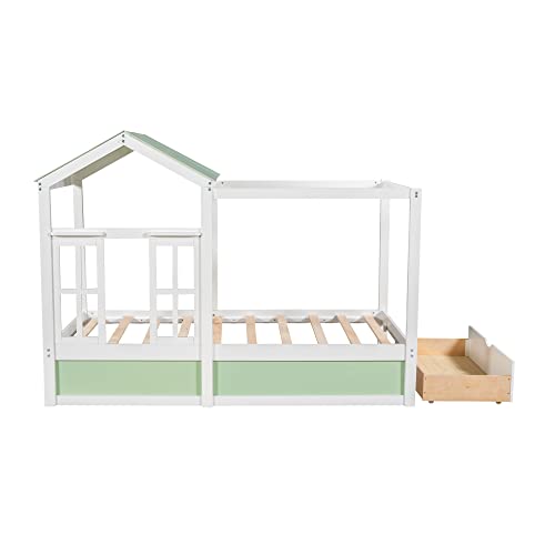 Merax Kid Wood House Bed with Roof, Window and Drawer, Wood Platform Bed for Boys Girls,No Box Spring Needed,Easy Assemble (Twin,Green)