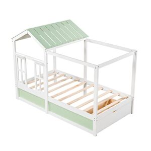 Merax Kid Wood House Bed with Roof, Window and Drawer, Wood Platform Bed for Boys Girls,No Box Spring Needed,Easy Assemble (Twin,Green)