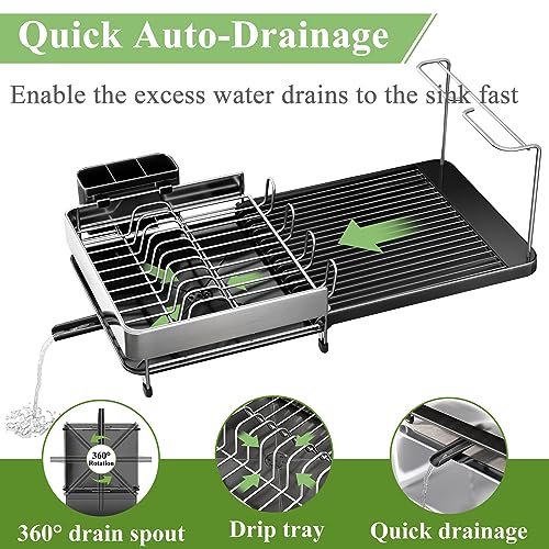 Dish Drying Rack - Expandable Dish Rack - Large Stainless Steel Dish Dryer Racks for Kitchen Counter with Wine Glass Holder, Cutlery Holder, Black