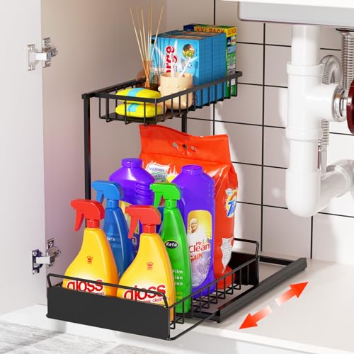 ClearStorage Under Sink Organizers and Storage, 2 Tier Under Sink Organizer Pull Out Sliding Under Bathroom Cabinet Organizer with Non-Slip Feet for Kitchen Cabinet bathroom sink Organizer (BLACK)