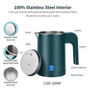 Small Portable Electric Kettle, 0.6L Mini Stainless Steel Travel Kettle, Portable Mini Hot Water Boiler Heater, Quiet Fast Boil & Cool Touch with Boil-Dry Protection (Green)