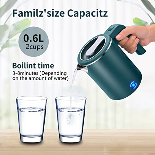 Small Portable Electric Kettle, 0.6L Mini Stainless Steel Travel Kettle, Portable Mini Hot Water Boiler Heater, Quiet Fast Boil & Cool Touch with Boil-Dry Protection (Green)