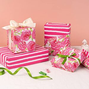 RUSPEPA Reversible Wrapping Paper Roll - Watercolor Style Pink Rose and Stripe Pattern Great for Mother's Day, Birthday, Party, Wedding and More - 17 Inches X 32.8 Feet