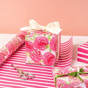 RUSPEPA Reversible Wrapping Paper Roll - Watercolor Style Pink Rose and Stripe Pattern Great for Mother's Day, Birthday, Party, Wedding and More - 17 Inches X 32.8 Feet