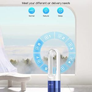 ZICOOLER Tower Fans for Home, 22 Inch 80°Oscillating Bladeless Fan with Remote, LED Display, 9H Timer, Blue Floor Standing Quiet Fan with 8 Speeds Powerful for Indoor Home Bedroom Office Room