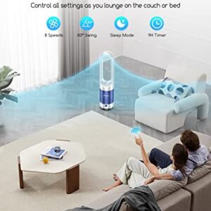 ZICOOLER Tower Fans for Home, 22 Inch 80°Oscillating Bladeless Fan with Remote, LED Display, 9H Timer, Blue Floor Standing Quiet Fan with 8 Speeds Powerful for Indoor Home Bedroom Office Room