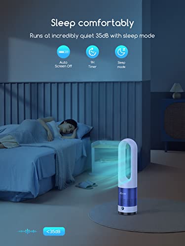 ZICOOLER Tower Fans for Home, 22 Inch 80°Oscillating Bladeless Fan with Remote, LED Display, 9H Timer, Blue Floor Standing Quiet Fan with 8 Speeds Powerful for Indoor Home Bedroom Office Room