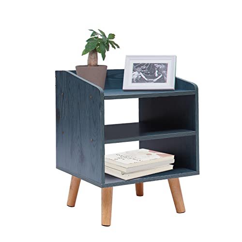 Small Bedroom Nightstand/Minimalist End Table/Side Table/Little Table - with 2 Open Storage Cabinets/Solid Wood Legs,Modern Bedside Night Stand for Bedroom, Living Room（Blue ）- Easy Assembly