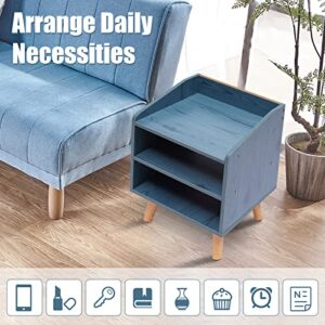 Small Bedroom Nightstand/Minimalist End Table/Side Table/Little Table - with 2 Open Storage Cabinets/Solid Wood Legs,Modern Bedside Night Stand for Bedroom, Living Room（Blue ）- Easy Assembly