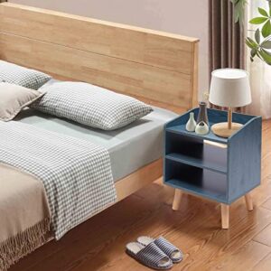 Small Bedroom Nightstand/Minimalist End Table/Side Table/Little Table - with 2 Open Storage Cabinets/Solid Wood Legs,Modern Bedside Night Stand for Bedroom, Living Room（Blue ）- Easy Assembly