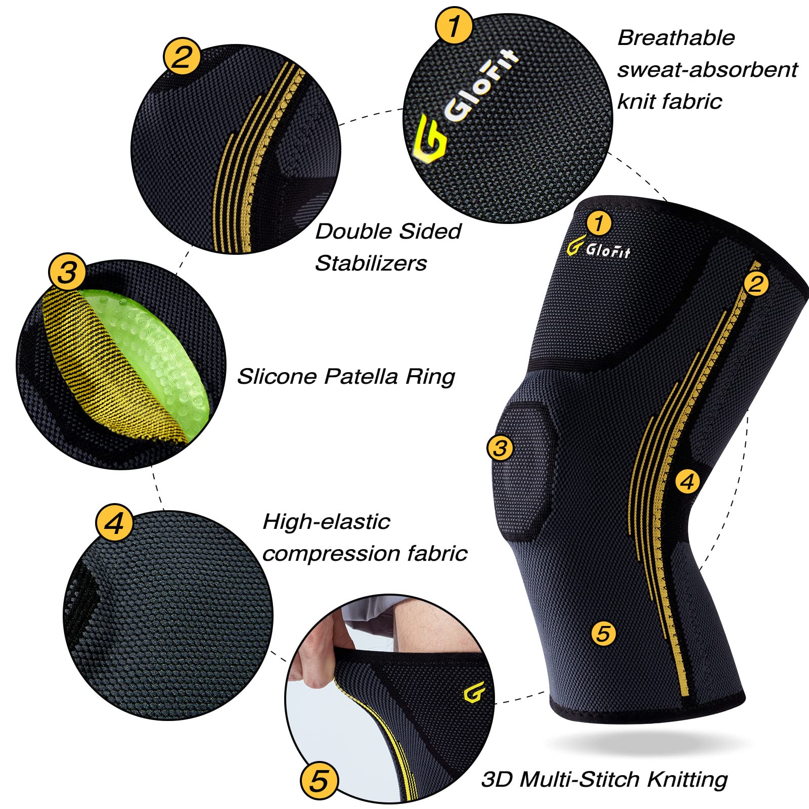 Glofit Professional Knee Brace, Compression Knee Sleeve with Patella Gel Pad & Side Stabilizers, Knee Support Bandage for Pain Relief, Medical Knee Pad