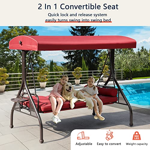 NOBLEMOOD Patio Porch Swing, 3-Seat Outdoor Swing with Adjustable Canopy, Thickened Cushion, Pillow and Foldable Side Tray for Patio, Backyard, Porch Swing Bed for Spring