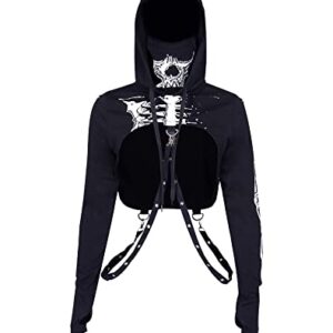 Womens Gothic Punk Long Sleeve Hooded Crop Tops Halloween Rave Skeleton Mask Hoodie Sweatshirt