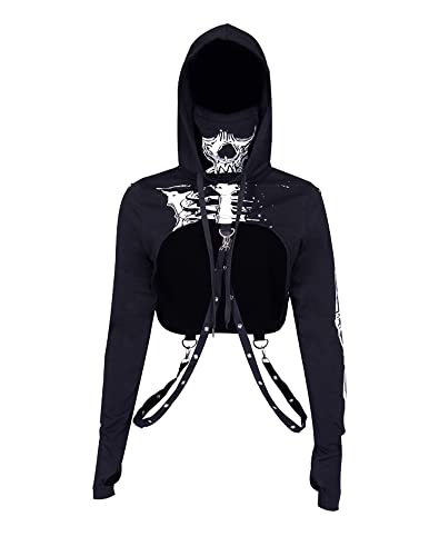 Womens Gothic Punk Long Sleeve Hooded Crop Tops Halloween Rave Skeleton Mask Hoodie Sweatshirt