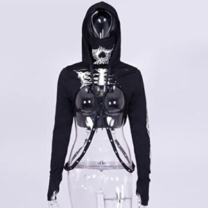 Womens Gothic Punk Long Sleeve Hooded Crop Tops Halloween Rave Skeleton Mask Hoodie Sweatshirt